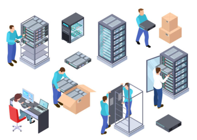 Server room isometric. Information technology server engineer ...